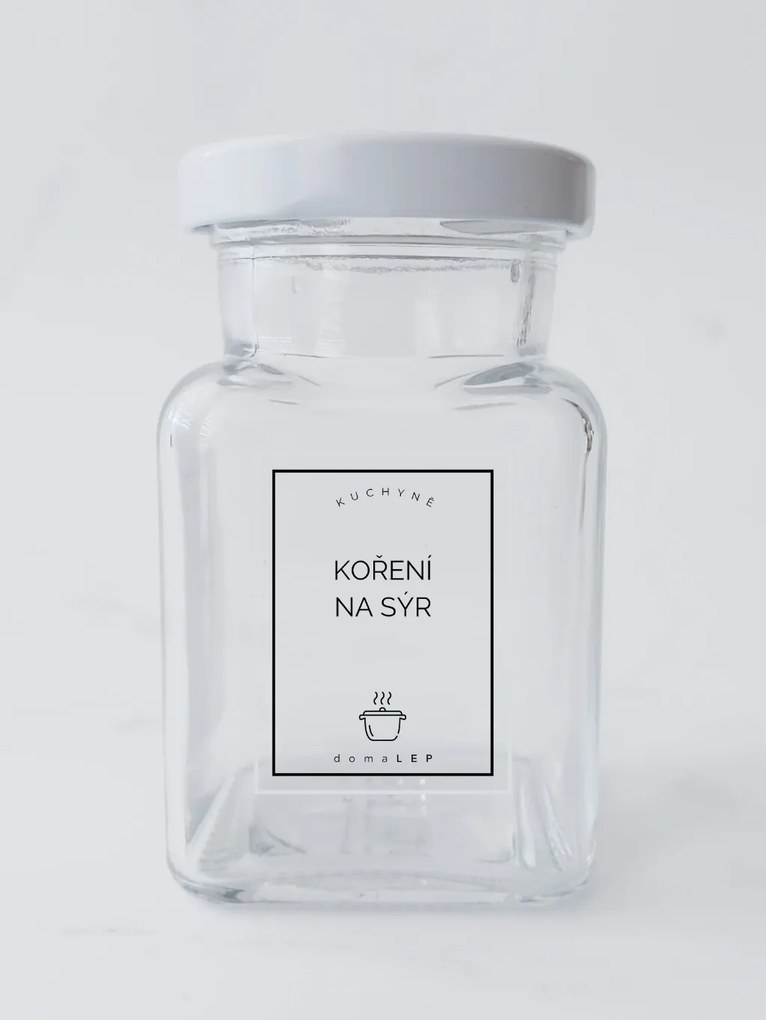Samolepka na kořenky KOŘENÍ NA SÝR průhledná 3 × 4 cm základní písmo
