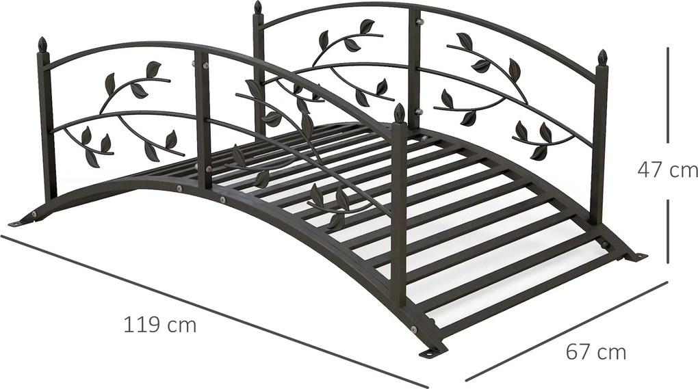 Zahradní most Outsunny - Most přes rybník - Zahradní dekorace rozměry 119D x 67Š x 47V cm s motivem vinné révy, ocelový černý zábradlí