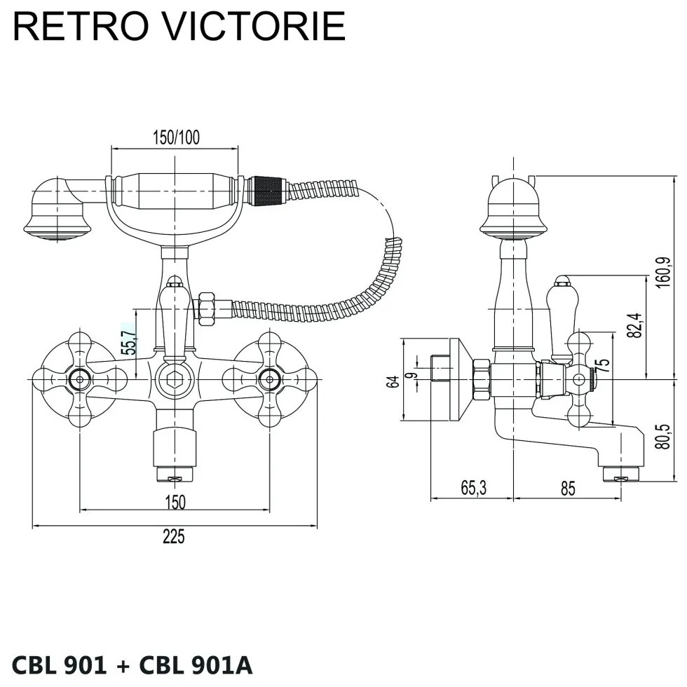 Mereo Retro Viktorie vanová nástěnná baterie 150 mm s příslušenstvím mosaz chrom CBL901