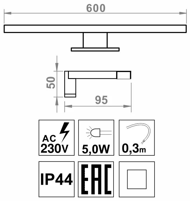 FURNIKA LED osvětlení - ALA 60 stříbrná, do koupelny, délka 60 cm, IP 44