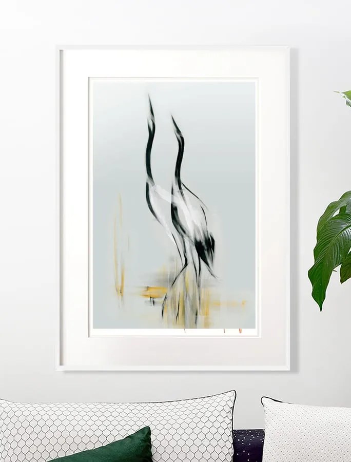 Minimalistický obraz s párem jeřábů do elegantního interiéru - „Harmonie 2, Prchavá Série”