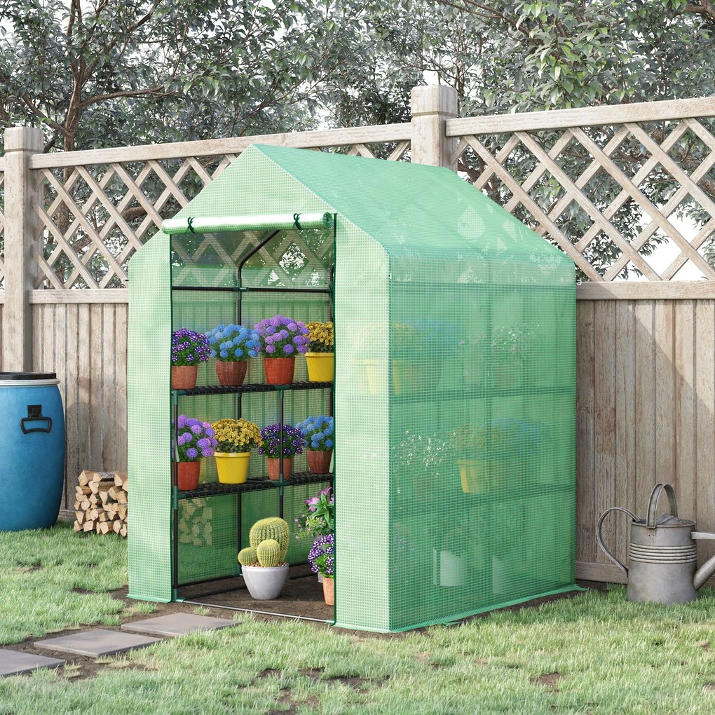 Outsunny polytunelový skleník Walk-in skleník s 8 policemi pro rajčata, ocel a PE plast, zelený, s dvířky pro optimální péči o rostliny