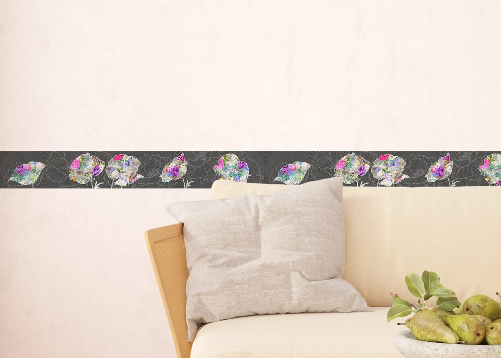 Samolepící bordura na zeď Barevné Květy na Šedém Podkladu | 5 m x 13.8 cm | DWB8246