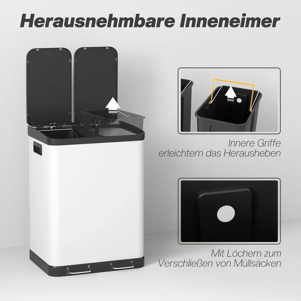 Dvoukomorový odpadkový koš, 2 x 30 l, odolný proti otiskům prstů, pedál, vyjímatelný vnitřní koš, šedý