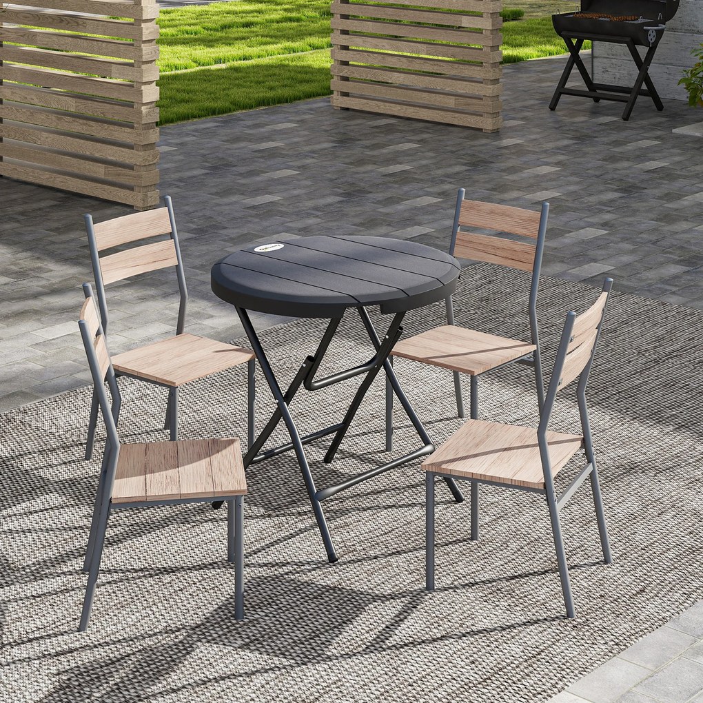 Zahradní stůl Outsunny pro 4 osoby, kulatý skládací stůl Ø80 cm, zahradní jídelní stůl ve vzhledu dřeva, tmavě šedý, ideální na balkon a terasu