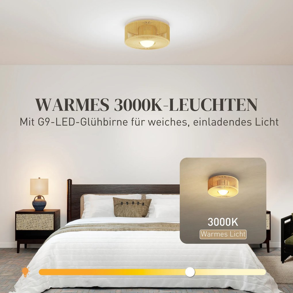 Stropní svítidlo, boho stropní lampa s objímkou G9 LED, kulaté stínítko z konopného provazu