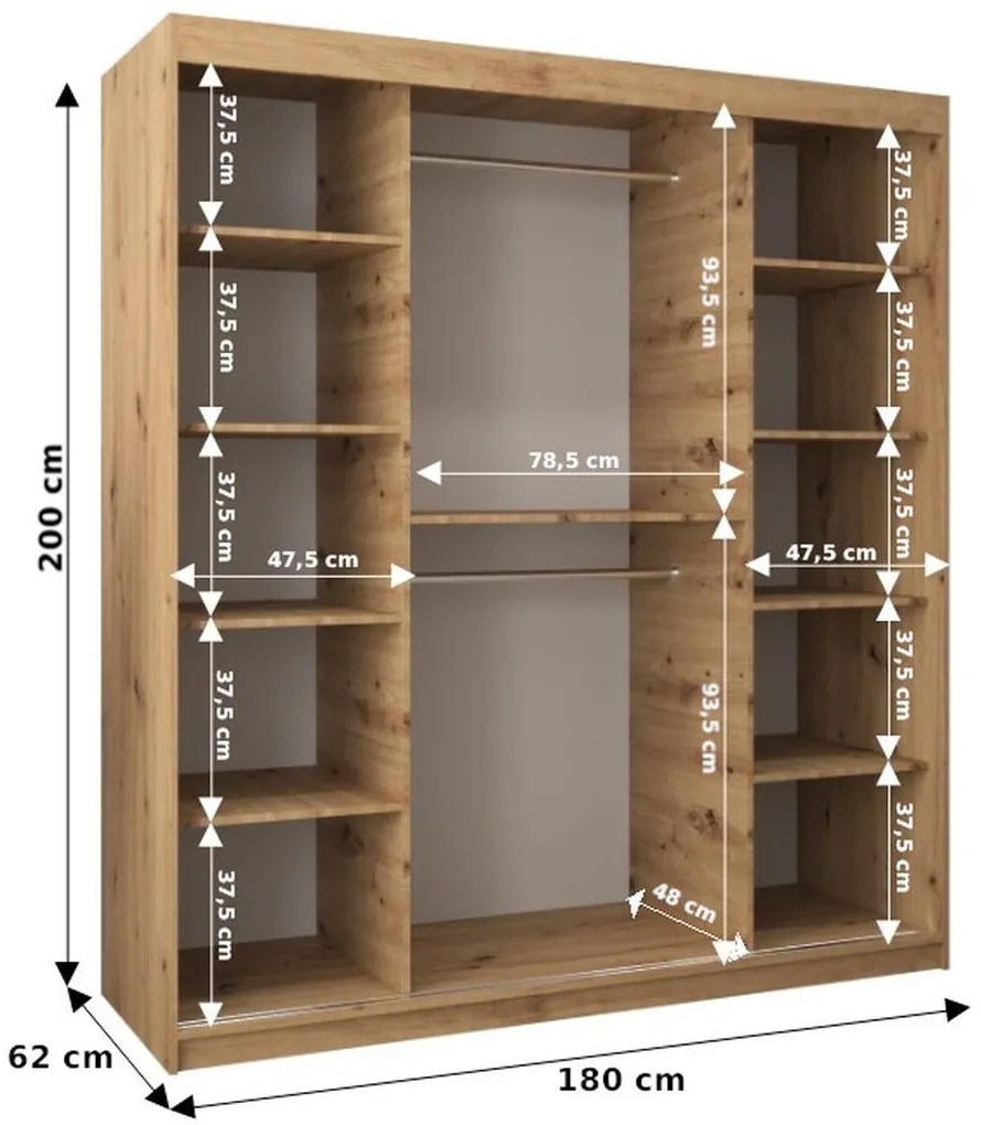 Šatní skříň se zrcadlem EWELINA - šířka 180 cm, bílá / dub sonoma