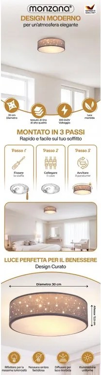 Stropní svítidlo šedý textil Ø30cm hvězdná obloha