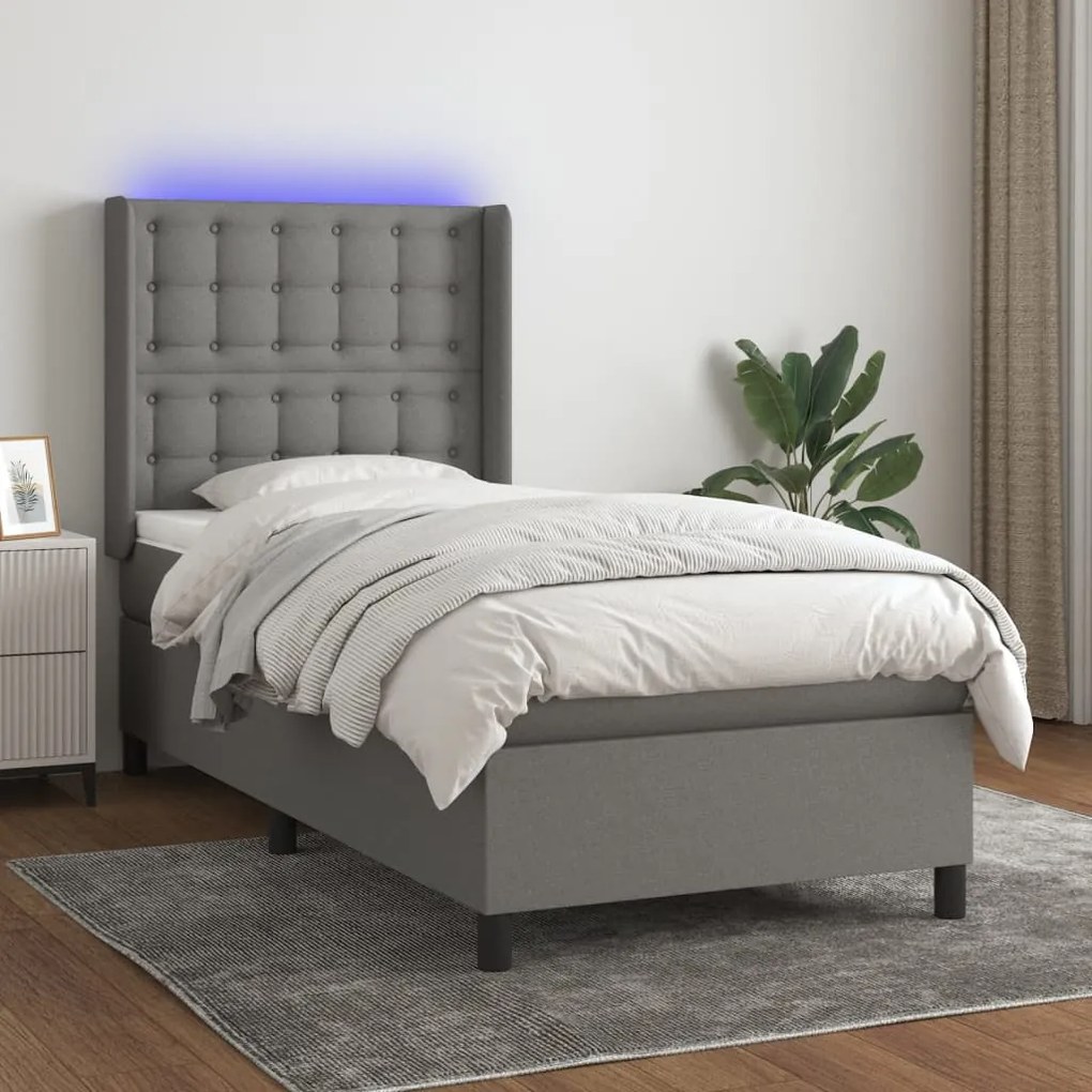 Box spring postel s matrací a LED tmavě šedá 100x200 cm textil