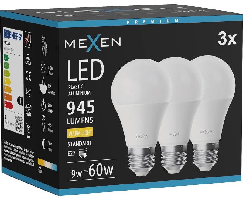 Mexen Nova 3x LED žárovka E27, A60, 9W, Teplá - 3000K, 945 lm - L100-E27-0930-01x03