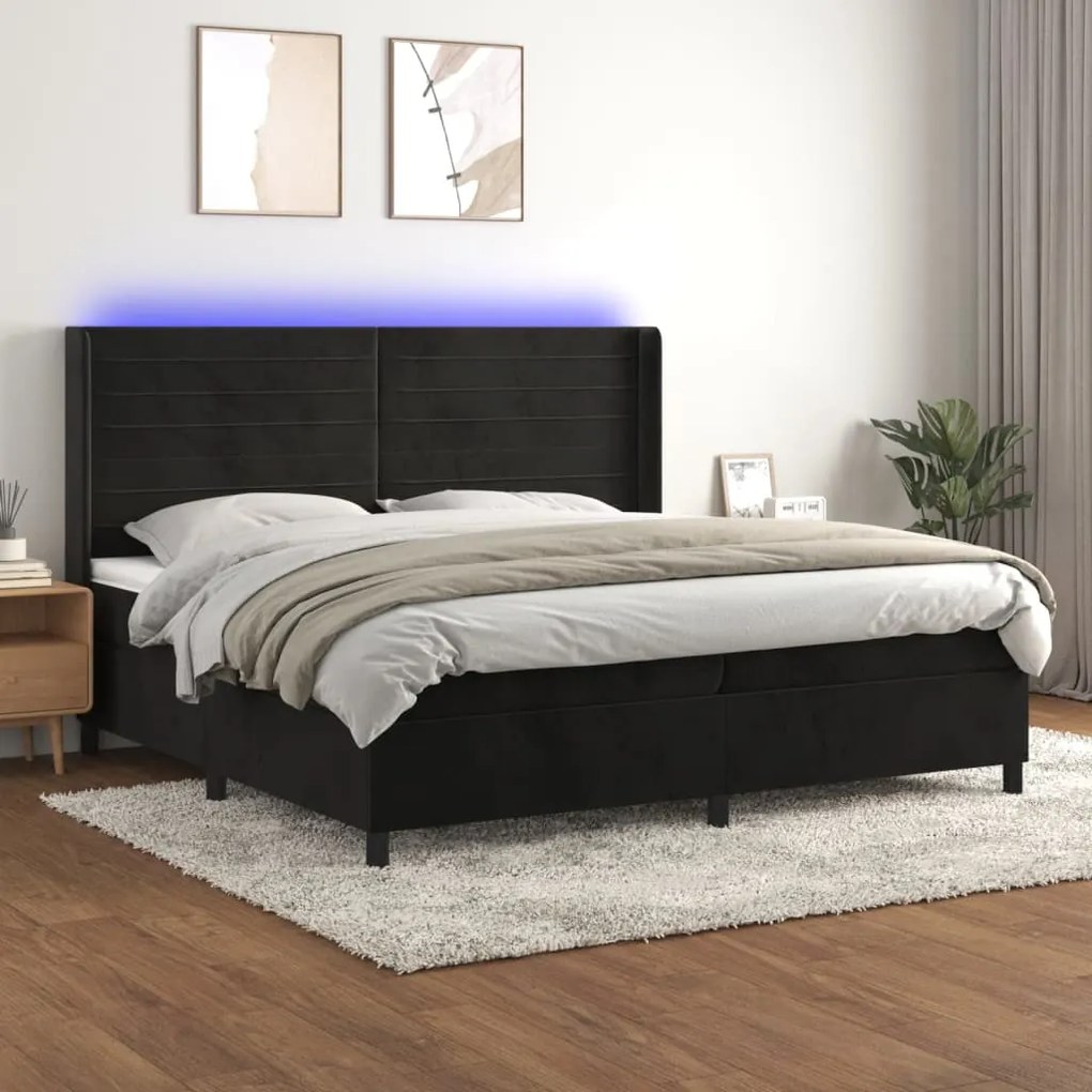 Box spring postel s matrací a LED černá 200x200 cm samet