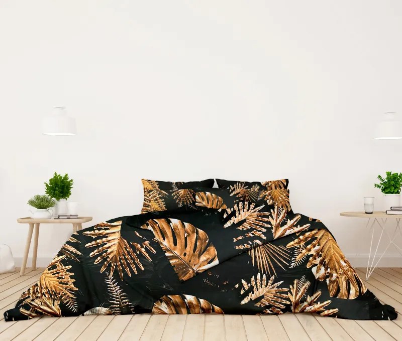 Ervi Bavlněné Saténové povlečení DELUXE - Monstera na černém