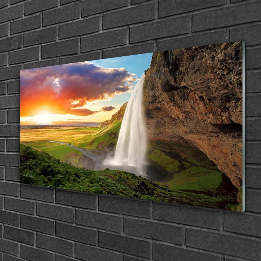 Obraz na skle Hora Vodopád Příroda 120x60 cm