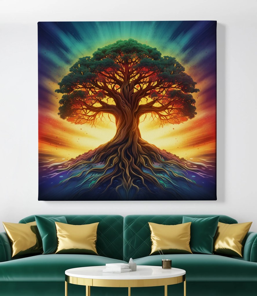 Obraz na plátně - Strom života Duhová záře FeelHappy.cz Velikost obrazu: 100 x 100 cm