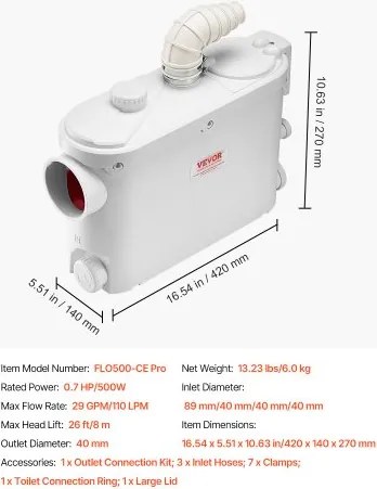 Čerpadlo macerátoru, 500 W, průtok 6600 l/h, výška 8 m