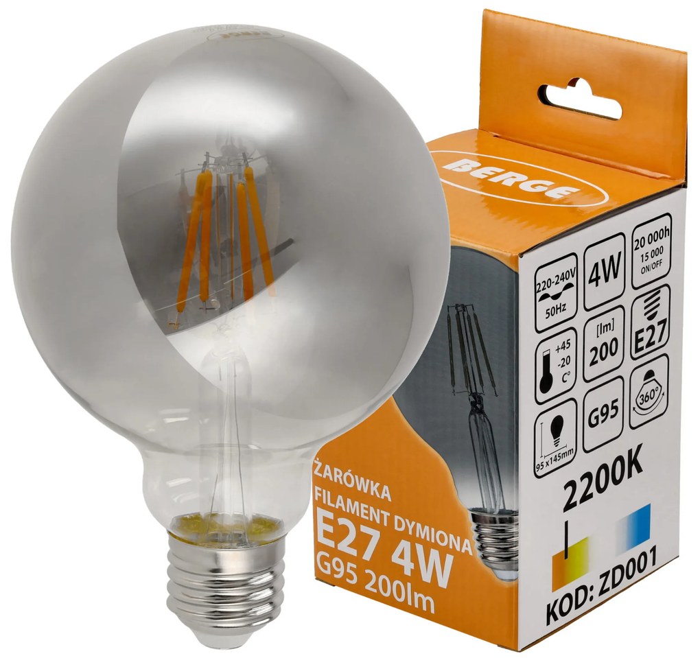 BERGE LED žárovka G95 - E27 - 4W - FILAMENT - kouřová - teplá bílá