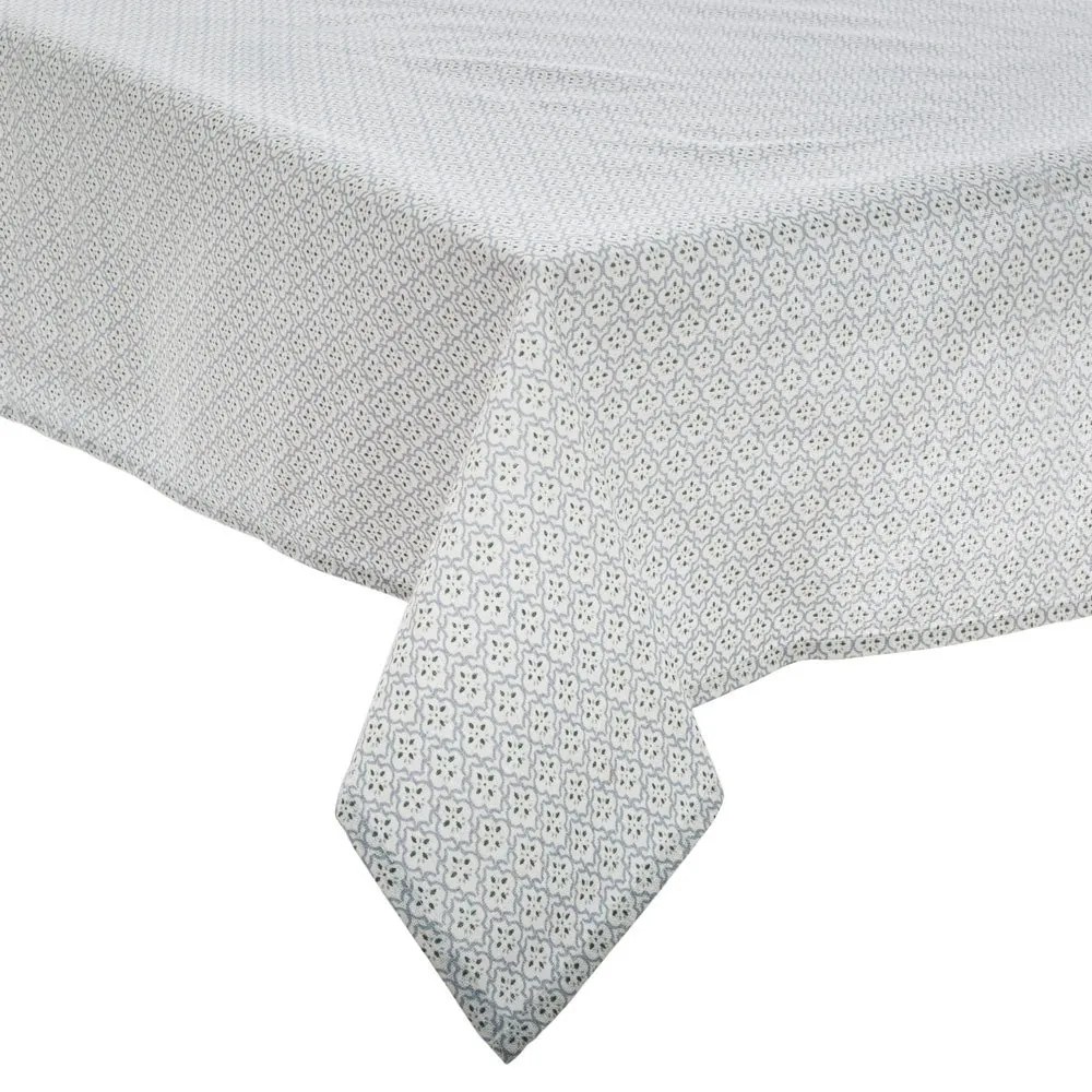 Ubrus bílo-šedé barvy o rozměrech 140 x 240 cm, vyrobený z polyesteru, ozdoba každého stolu