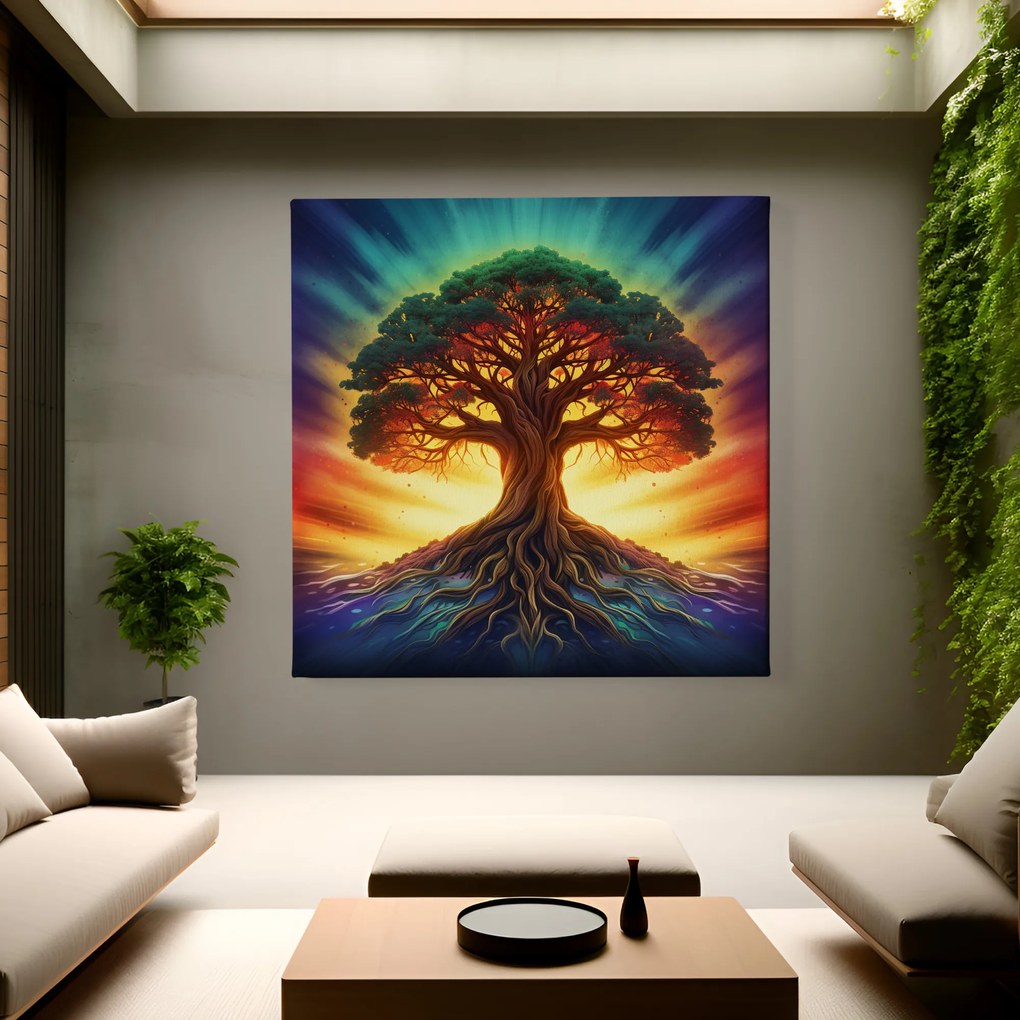 Obraz na plátně - Strom života Duhová záře FeelHappy.cz Velikost obrazu: 60 x 60 cm