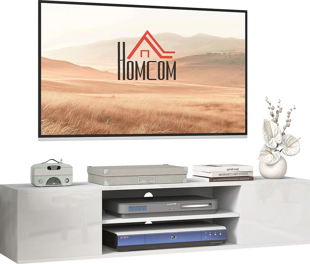 HOMCOM Nástěnný televizní stolek v moderním stylu - 2 skříňky, 2 centrální nika a 2 otvory pro správu kabelů 140 x 30 cm bílá