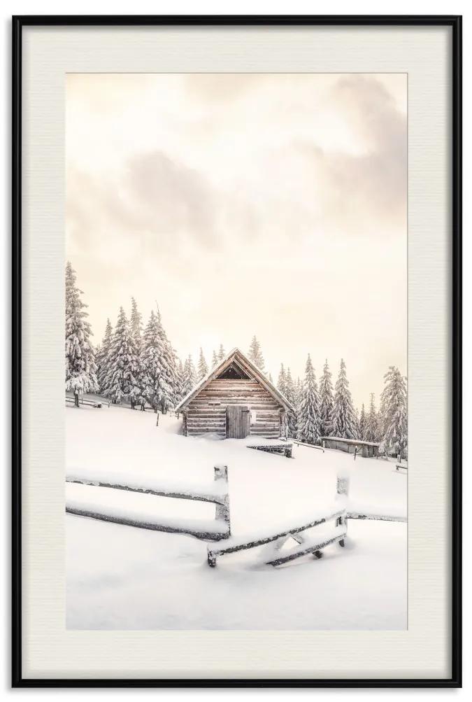 Plakát Zimní chata - krajina při východu slunce nad horskou chatou a lesem