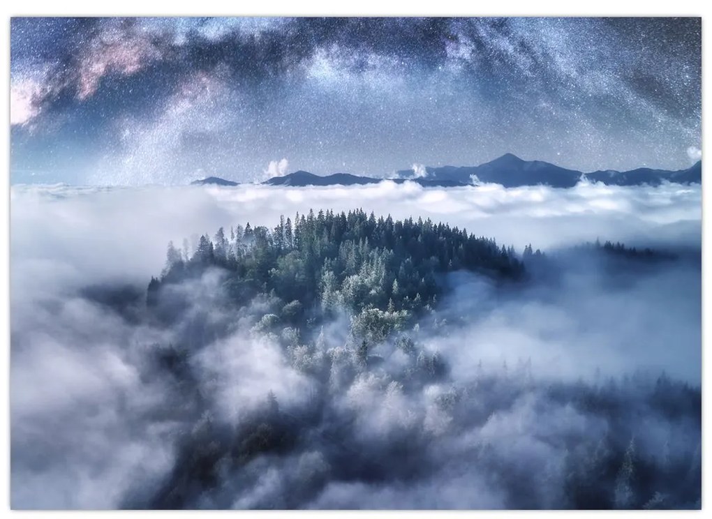 Skleněný obraz lesa v mlze (70x50 cm)