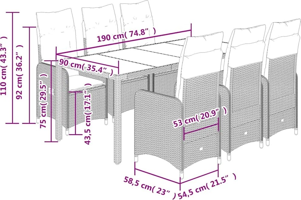7dílný zahradní bistro set s poduškami šedý polyratan 3277037