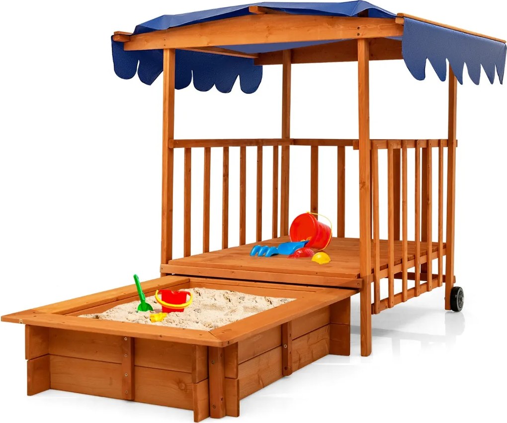Costway Dřevěné pískoviště pro děti Dětská herna s Playhouse Natural + Blue