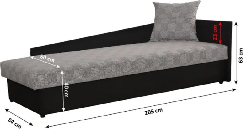 Válenda JUDIT 80x200 s úložným prostorem, pravé provedení, látka Mura černá/vzor M 35 Kondela 0000186819