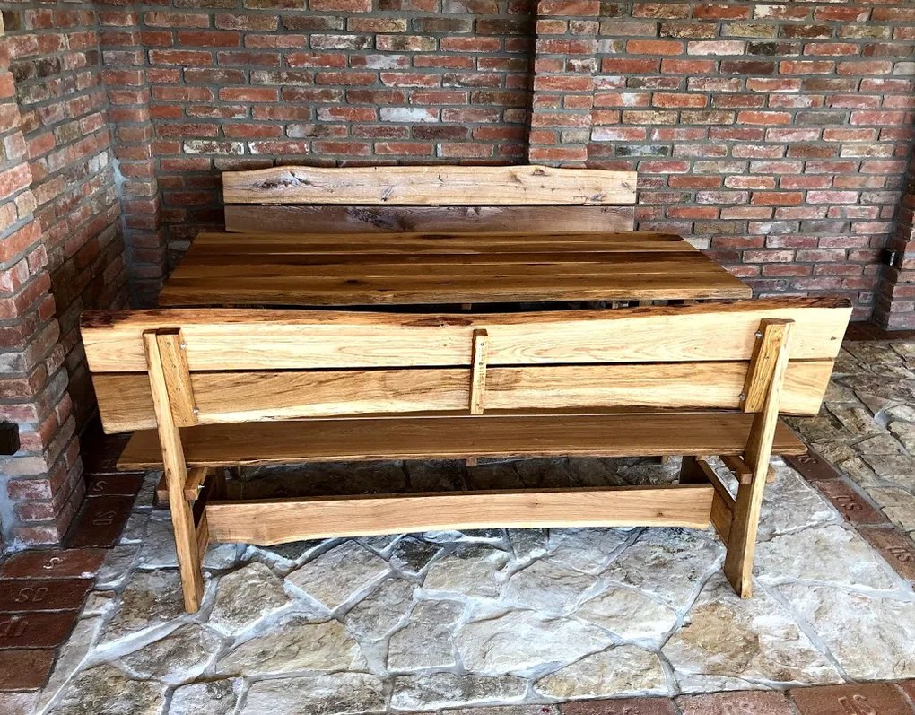 KULHÁNEK Zahradní dubová sestava - stůl, 2x lavice s opěradlem (rustikální provedení) Délka: 150 cm, Odstín nátěru: lazura - ořech