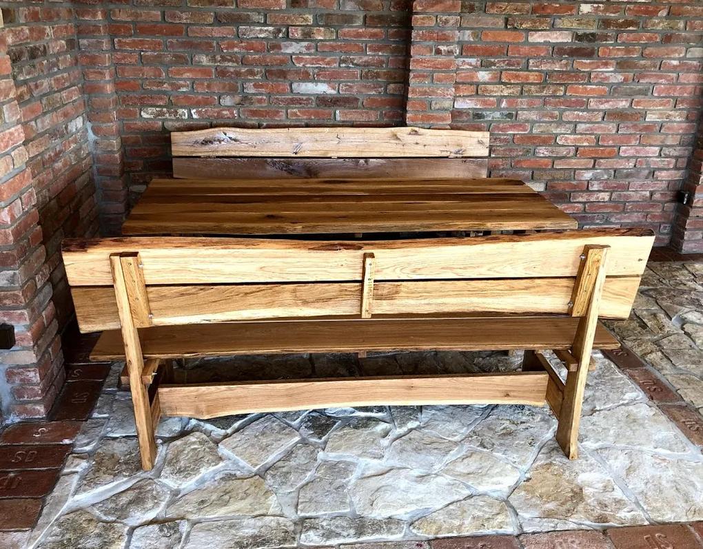 KULHÁNEK Zahradní dubová sestava - stůl, 2x lavice s opěradlem (rustikální provedení) Délka: 160 cm, Odstín nátěru: lazura - ořech