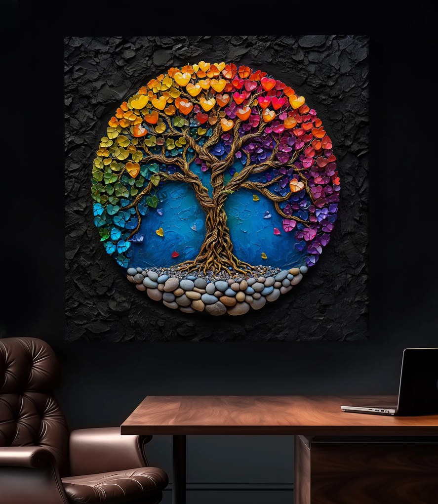 Obraz na plátně - Strom života Barevná srdce FeelHappy.cz Velikost obrazu: 140 x 140 cm