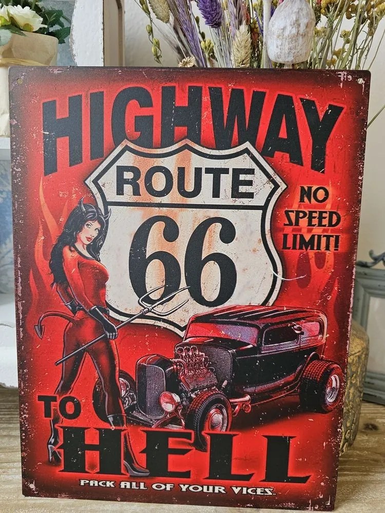 Červená nástěnná kovová cedule Route 66 - 25*33 cm