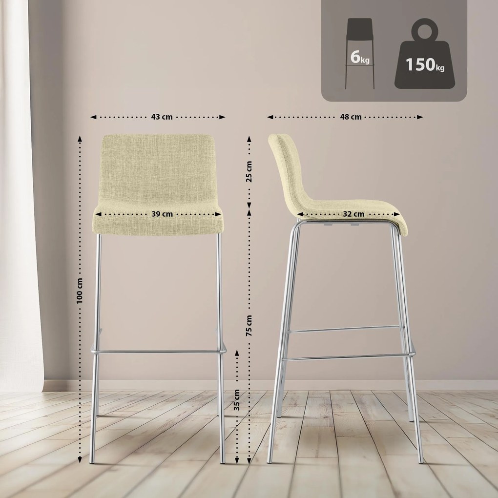 Sada 2 barových židlí Hoover látka čtyřnohá konstrukce chromovaná konstrukce – krémová