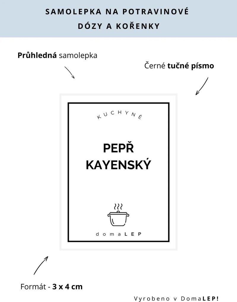 Samolepka na kořenky PEPŘ KAYENSKÝ průhledná 3 × 4 cm tučné písmo