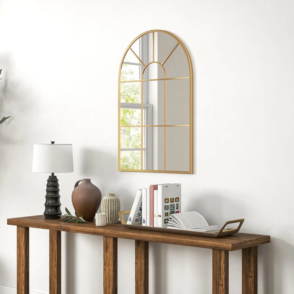 HOMCOM nástěnné zrcadlo okenní zrcadlo 91 x 60 cm dekorativní s kovovým rámem závěsné zrcadlo do obývacího pokoje ložnice ve zlaté barvě