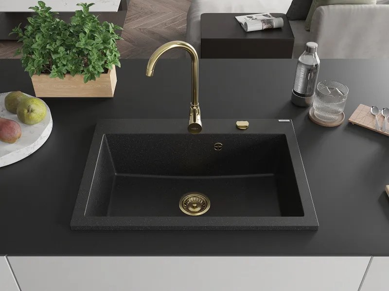 Mexen Elix, 1korový granitový dřez 700 x 500 mm, černá/stříbrná metalíza, zlatý sifon, 6526701005-73-G