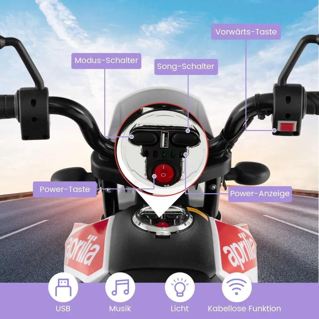 Costway Elektrická dětská motorka Aprilia s tréninkovými koly a hudbou a – bílý