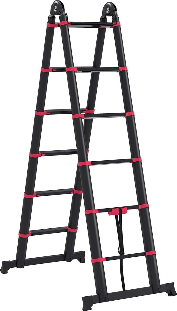 HOMCOM Skládací hliníkový žebřík 2 v 1, teleskopický, 12 protiskluzových stupňů, nosnost 150 kg, 379x67,5x11 cm, černá a červená | Aosom