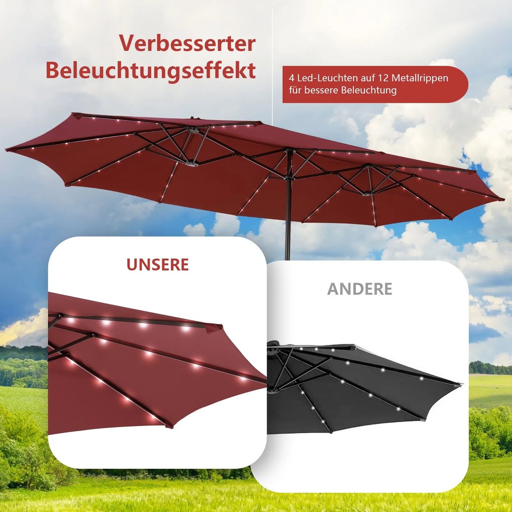 Costway 470 cm velký dvojitý deštník na terasu s 48 solárními LED světly