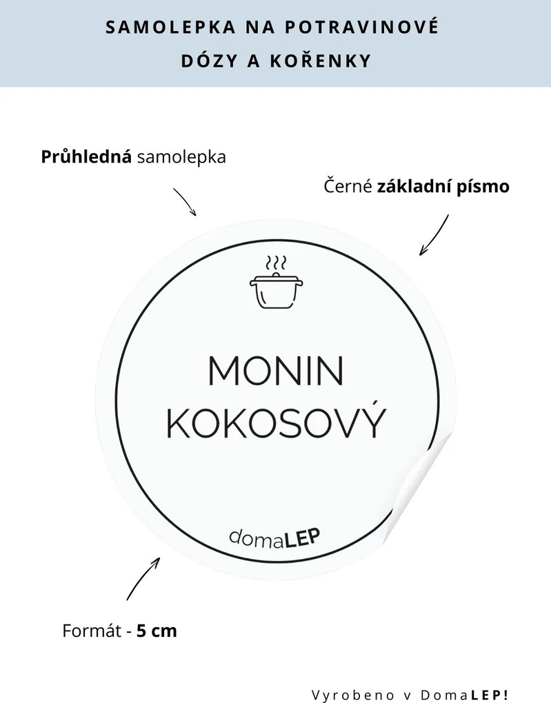 Samolepka na láhev MONIN KOKOSOVÝ průměr 5 cm – průhledná vinylová, voděodolná, omyvatelná samolepka na dózy, základní písmo
