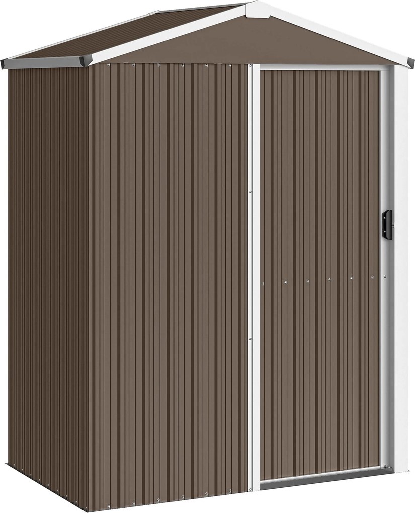Outsunny kovová zahradní kůlna — 1,18 m² (136 × 87 × 179 cm) | Posuvné dveře, šikmá střecha, včetně rukavic, hnědá