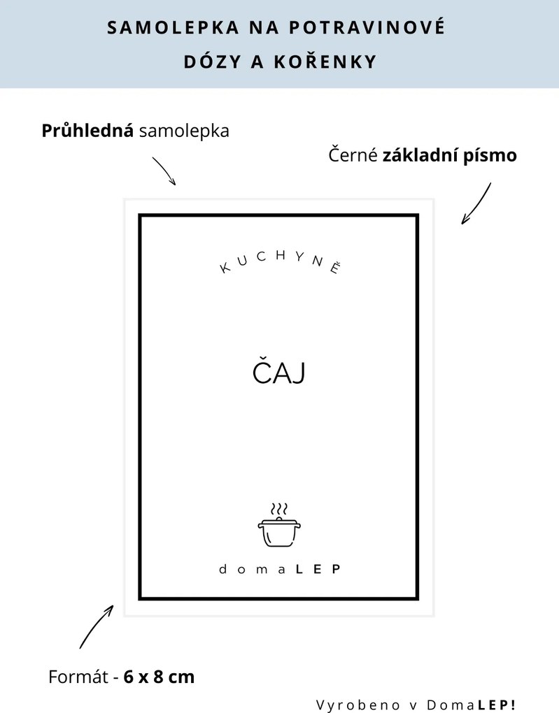 ČAJ – průhledná samolepka na dózu, základní písmo, 6 × 8 cm | DomaLEP