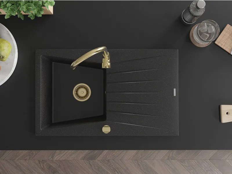 Mexen Cesar, granitový dřez 775x470x190 mm, 1-komorový, černá-stříbrná metalíza se zlatým sifonem, 6514771010-73-G