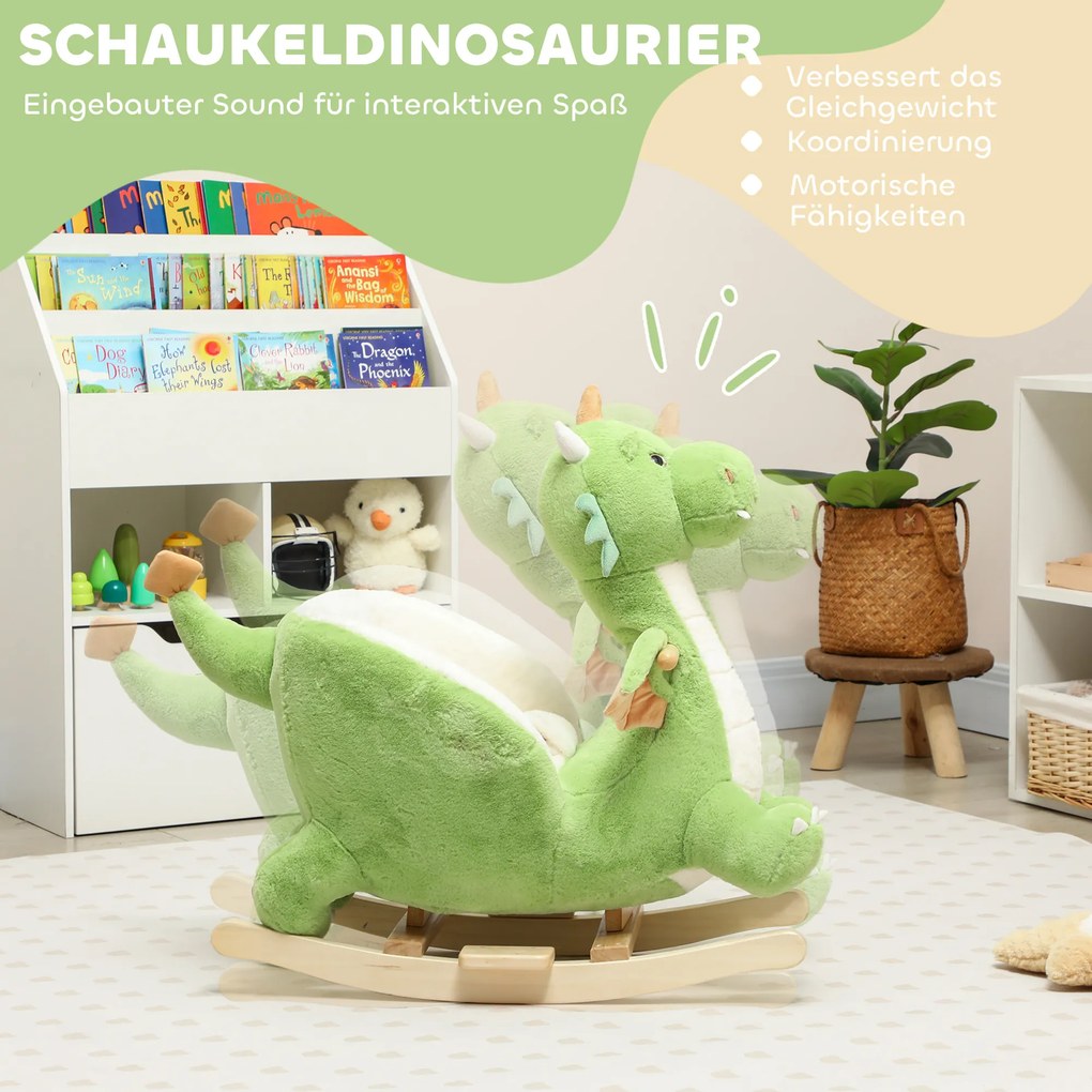 AIYAPLAY Houpací zvíře, Houpací dinosaurus, interaktivní zvuky zvířat, měkké výplně, dřevěný rám, 73 x 39 x 66 cm, Zelená