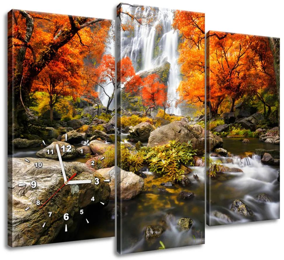 Gario Obraz s hodinami Podzimní vodopád - 3 dílný Rozměry: 90 x 30 cm
