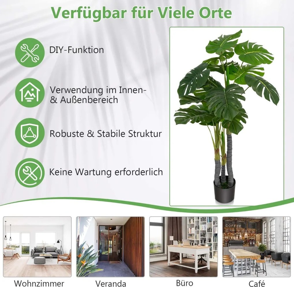 Costway 120 cm vysoký umělý strom Falešná rostlina Monstera Deliciosa, zelený
