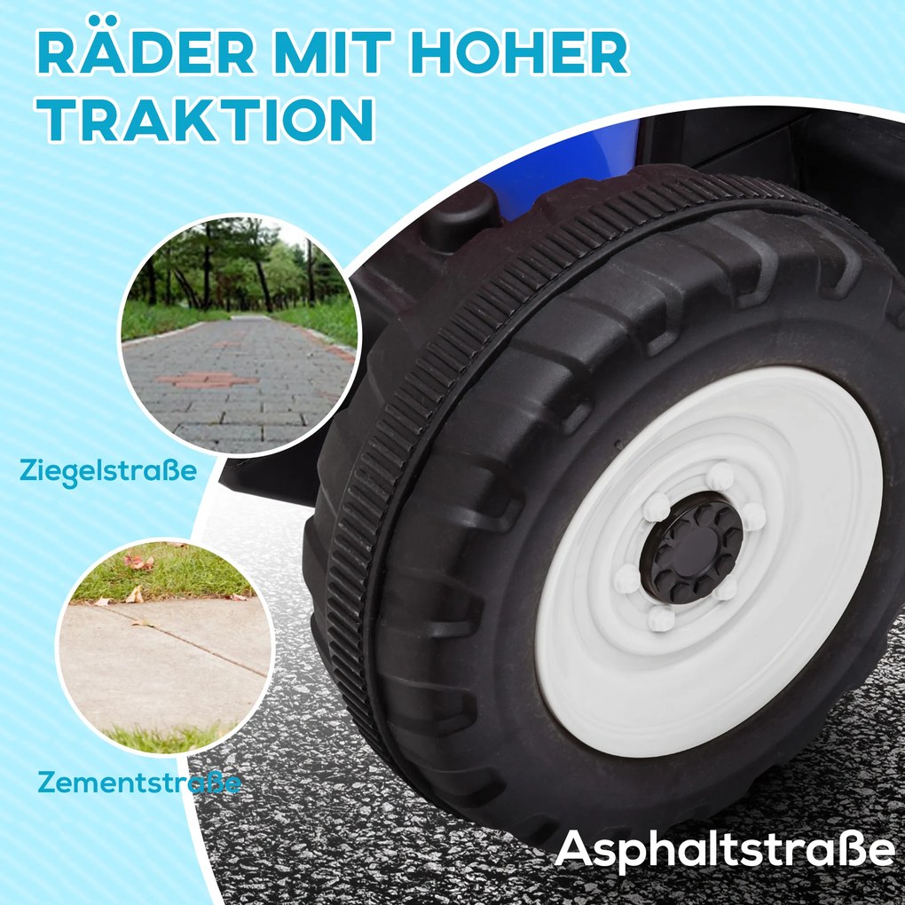 HOMCOM Elektrický dětský traktor s dálkovým ovládáním a přívěsem, MP3 světlomet, 3-6 km/h, pro děti od 3 do 6 let, modrý |