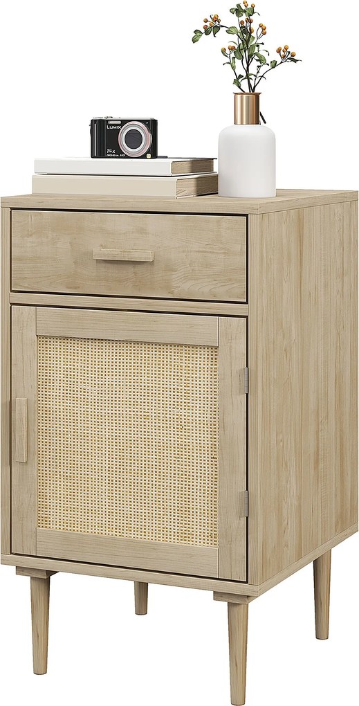 HOMCOM Noční stolek s ratanovými dvířky a policí + 1 zásuvka, bohémský design - 40 x 40 x 68,5 cm, přírodní | Aosom