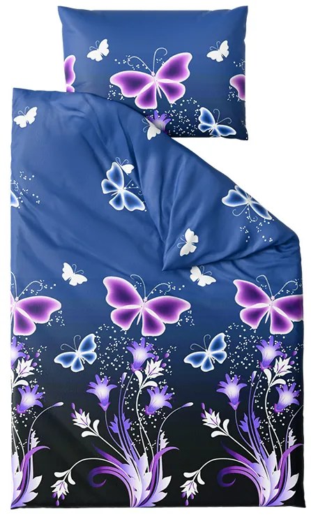 Sada mikroplyšového povlečení VIOLET BUTTERFLY tmavě modré + prostěradlo mikroplyš SOFT 90x200 cm bílé, jednolůžko