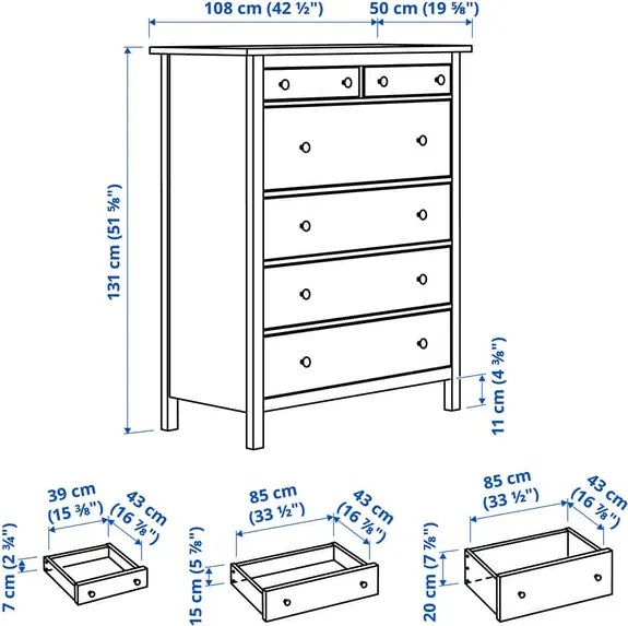 HEMNES Komoda se 6 zásuvkami, bílé mořidlo, 108x131 cm
